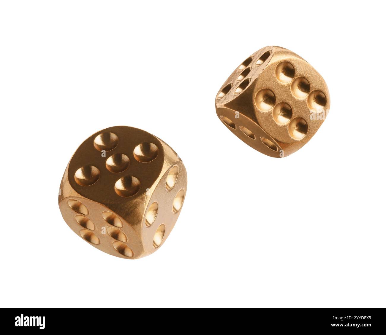 Two golden dice in air on white background Stock Photo - Alamy