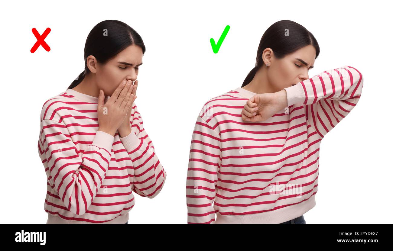 Cough etiquette, cover mouth with elbow to prevent disease spreading ...