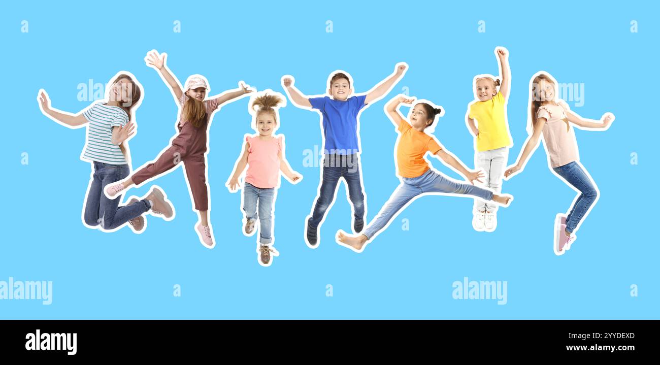 Happy kids with white outlines jumping on light blue background. Banner ...