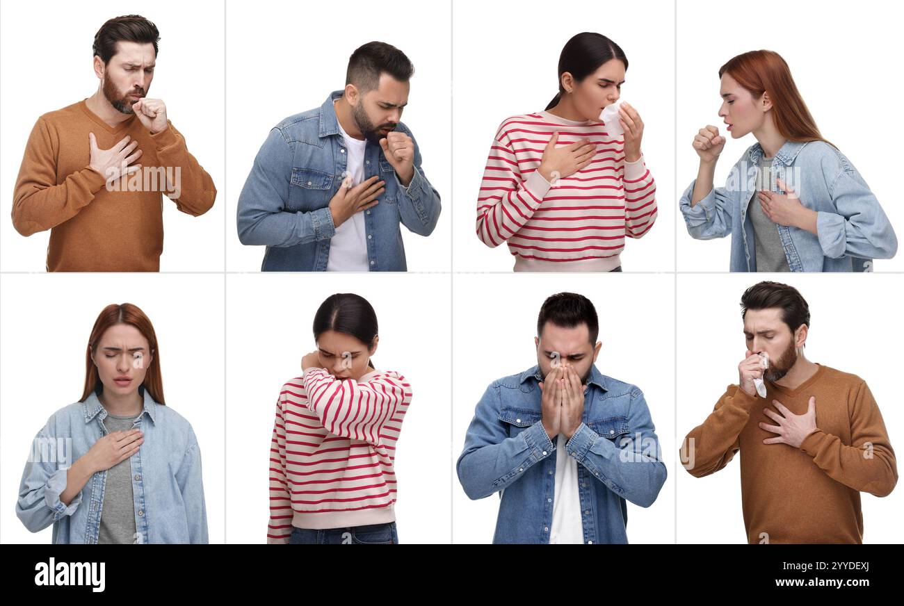 People coughing on white background. Set of portraits Stock Photo - Alamy