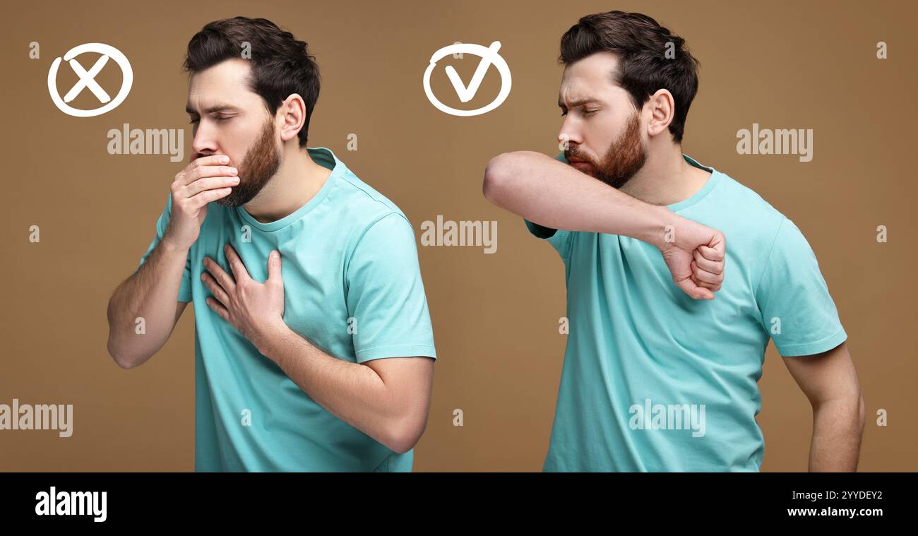 Cough etiquette, cover mouth with elbow to prevent disease spreading ...