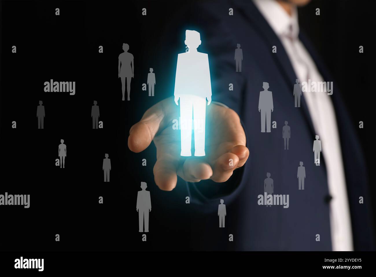 Human resource. Businessman choosing one virtual figure among others on ...