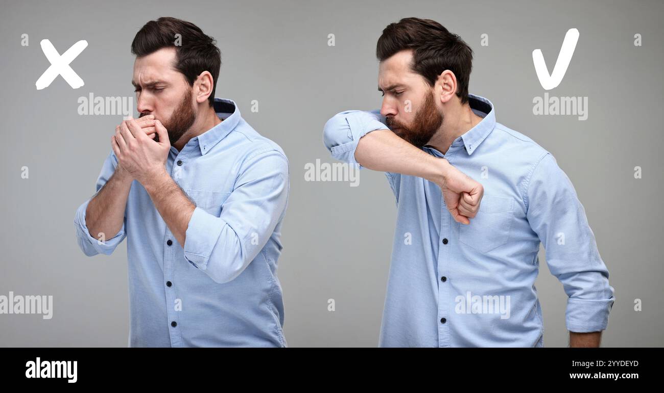 Cough etiquette, cover mouth with elbow to prevent disease spreading ...