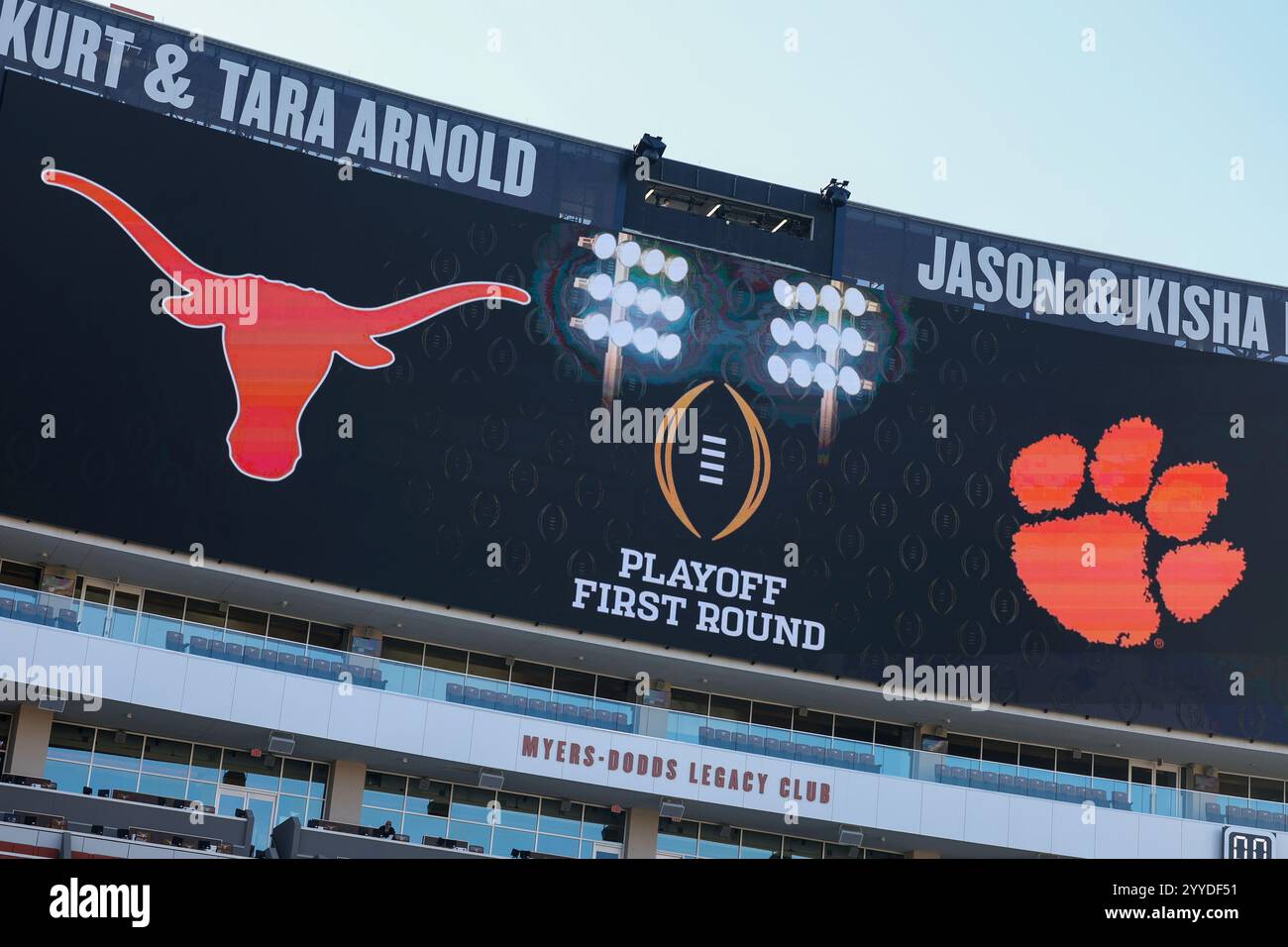 AUSTIN, TX - DECEMBER 21: Texas, Clemson and CFP logos are displayed on ...