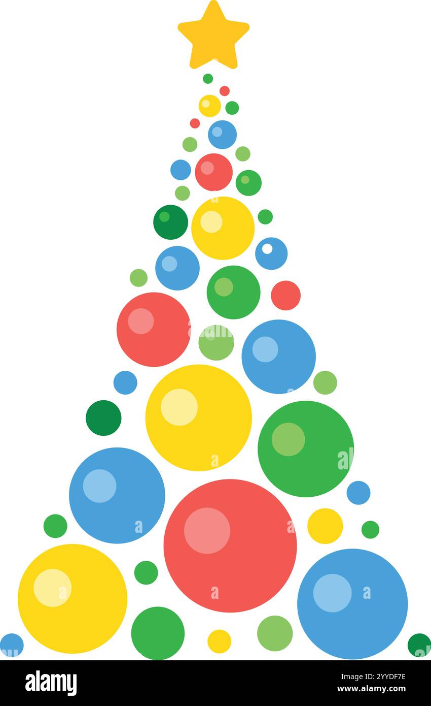 Stylized christmas tree made of colorful bubbles with a yellow star on ...
