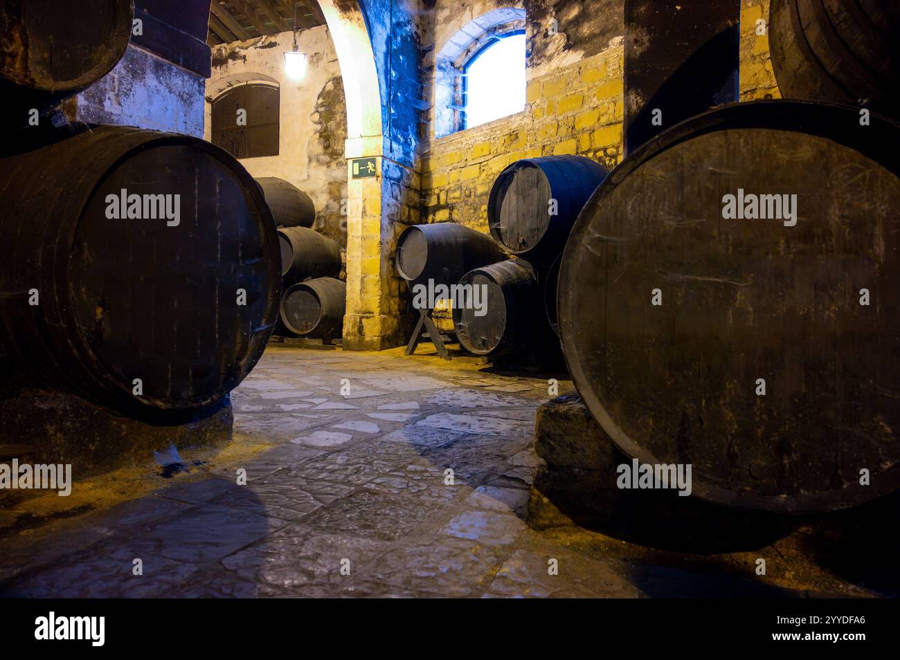 Solera system in old bodega, Andalusian wine cellar, process for aging ...
