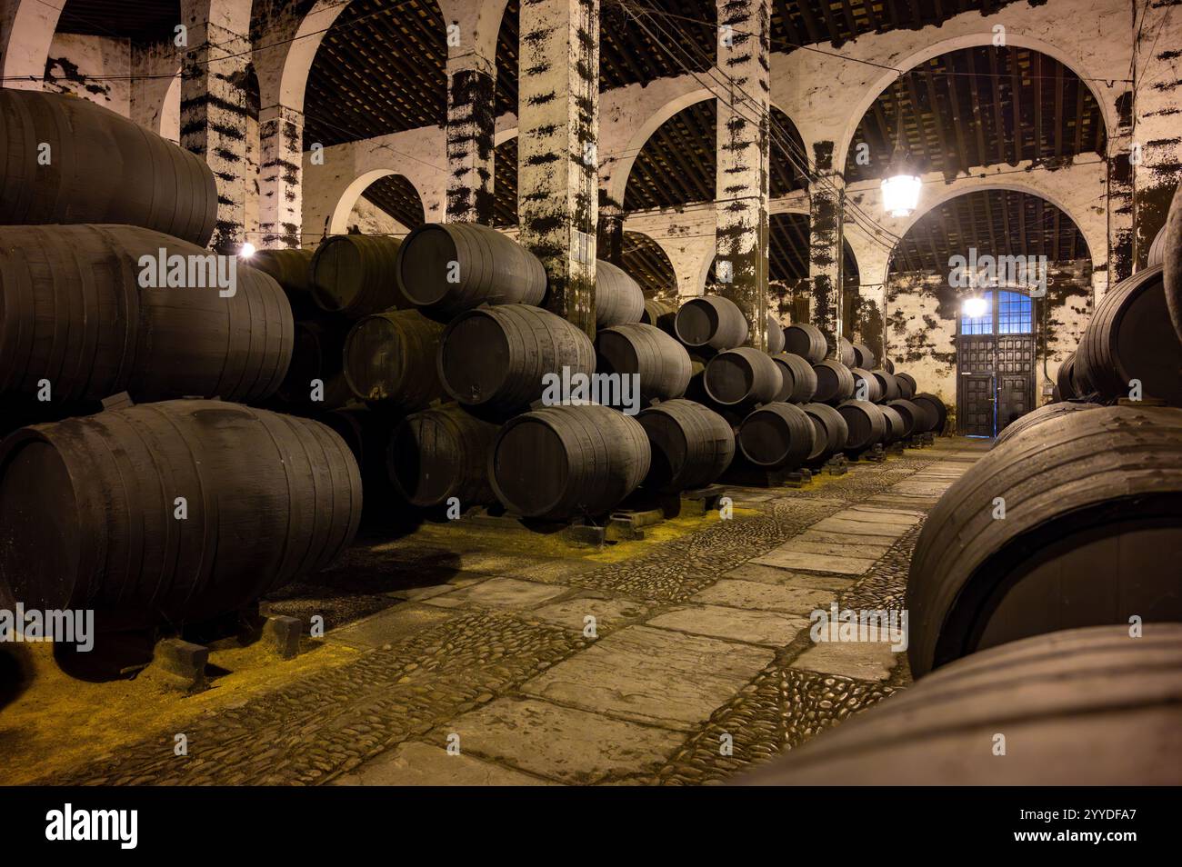 Solera system in old bodega, Andalusian wine cellar, process for aging ...