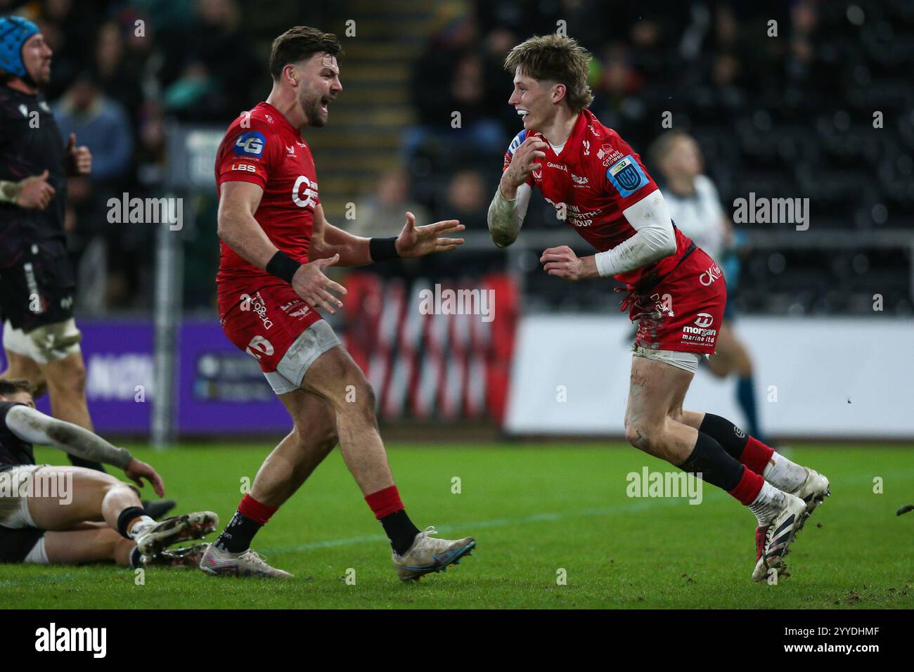 Swansea, UK. 21 December, 2024. Ellis Mee of Scarlets celebrates with ...