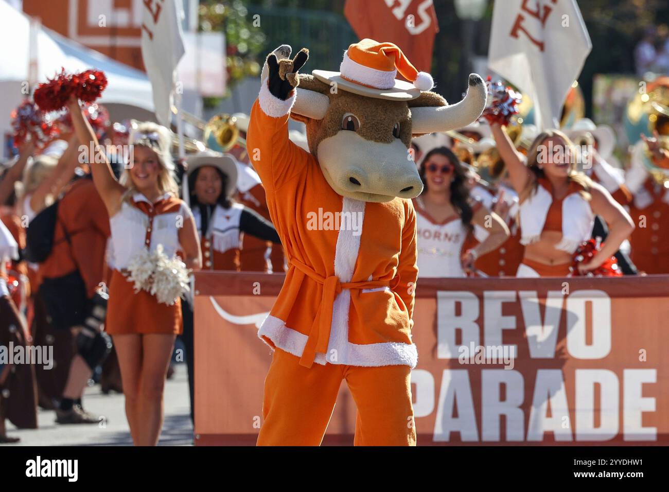 AUSTIN, TX - DECEMBER 21: Hook 'Em the mascot leads the band and Bevo ...