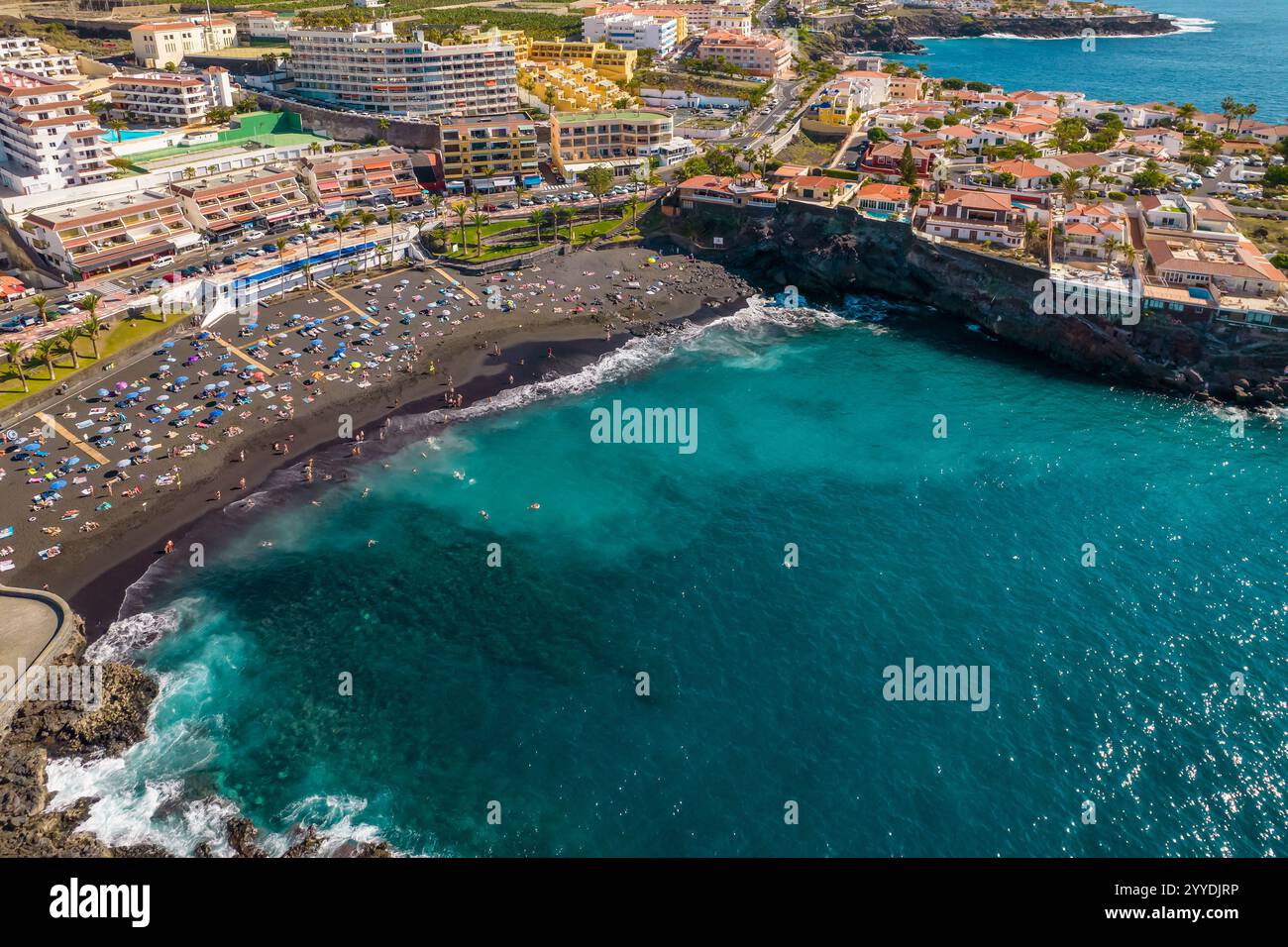 Aerial view of the Playa de la Aerna beach in Puerto de Santiago city ...