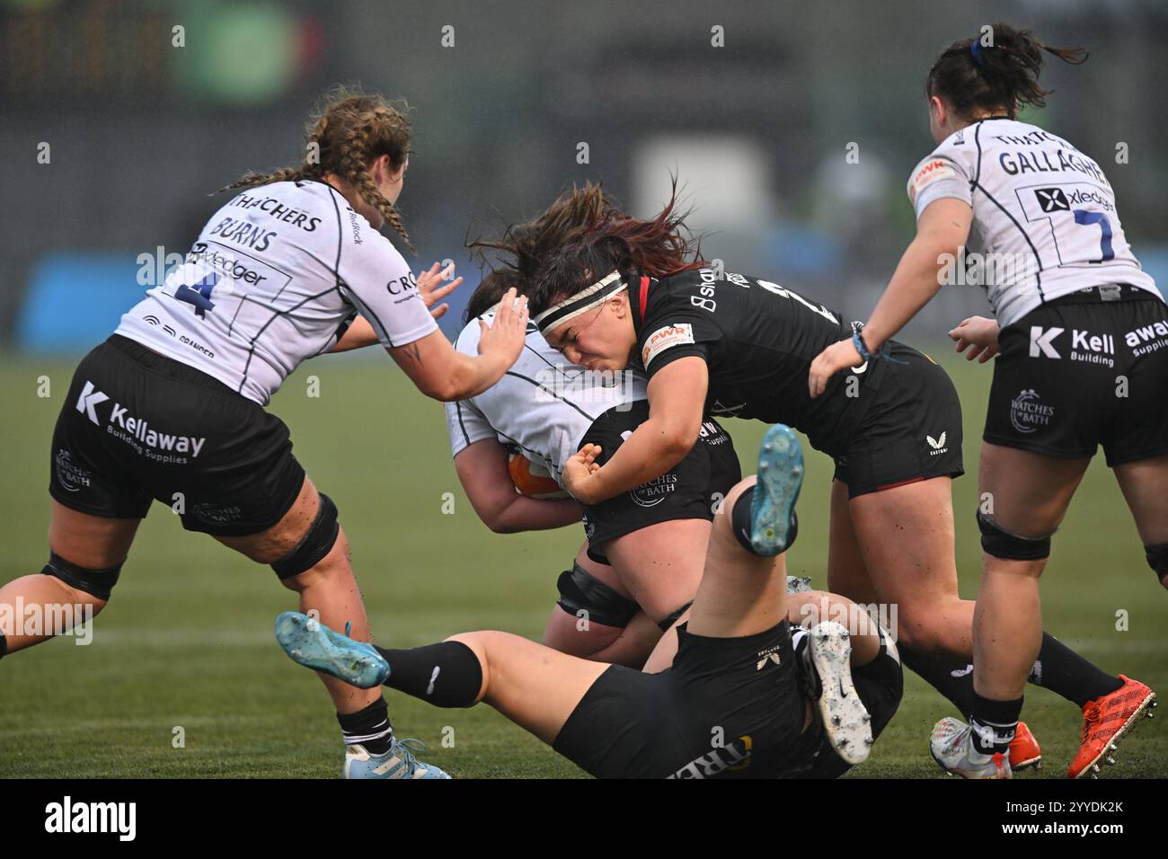 Bryony Field of Saracens Women puts in a strong tackle during the ...