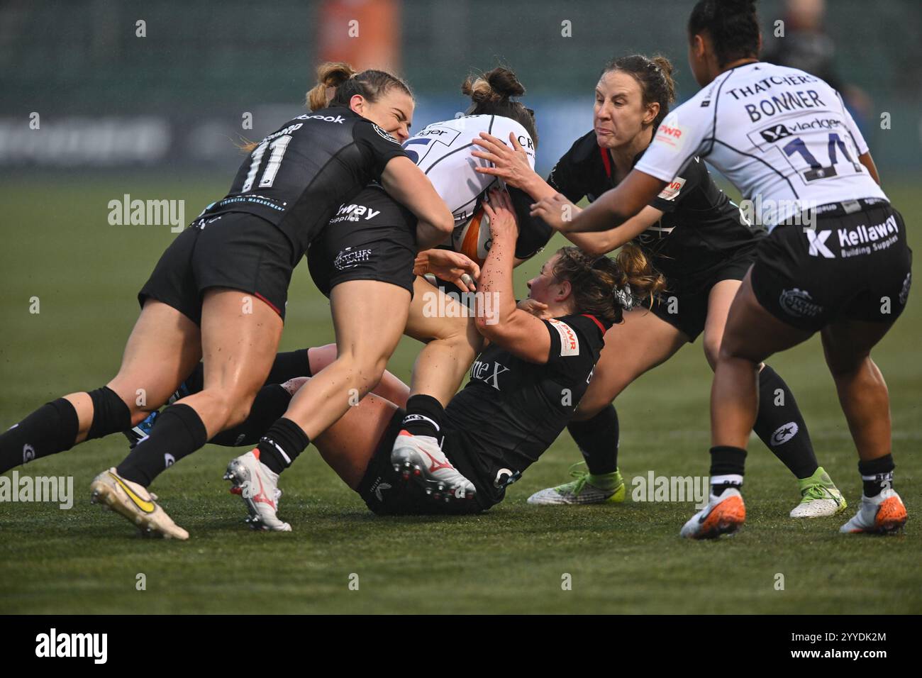 Lotte Sharp of Saracens Women tackles Jasmine Joyce-Butchers of Bristol ...