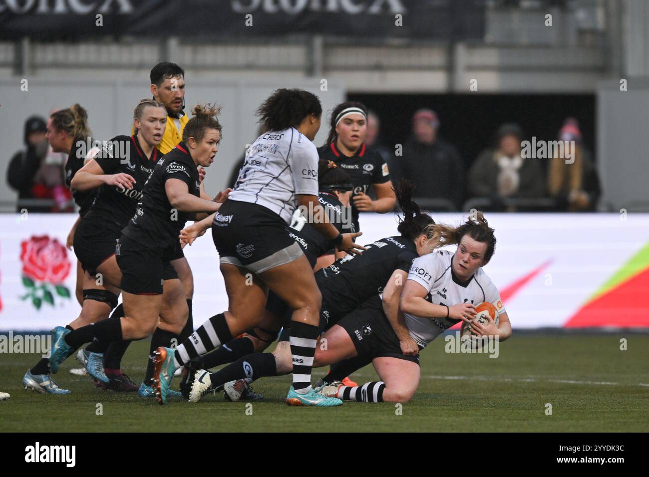 Lark Atkin-Davies of Bristol Bears Women is tackled by Bryony Field of ...