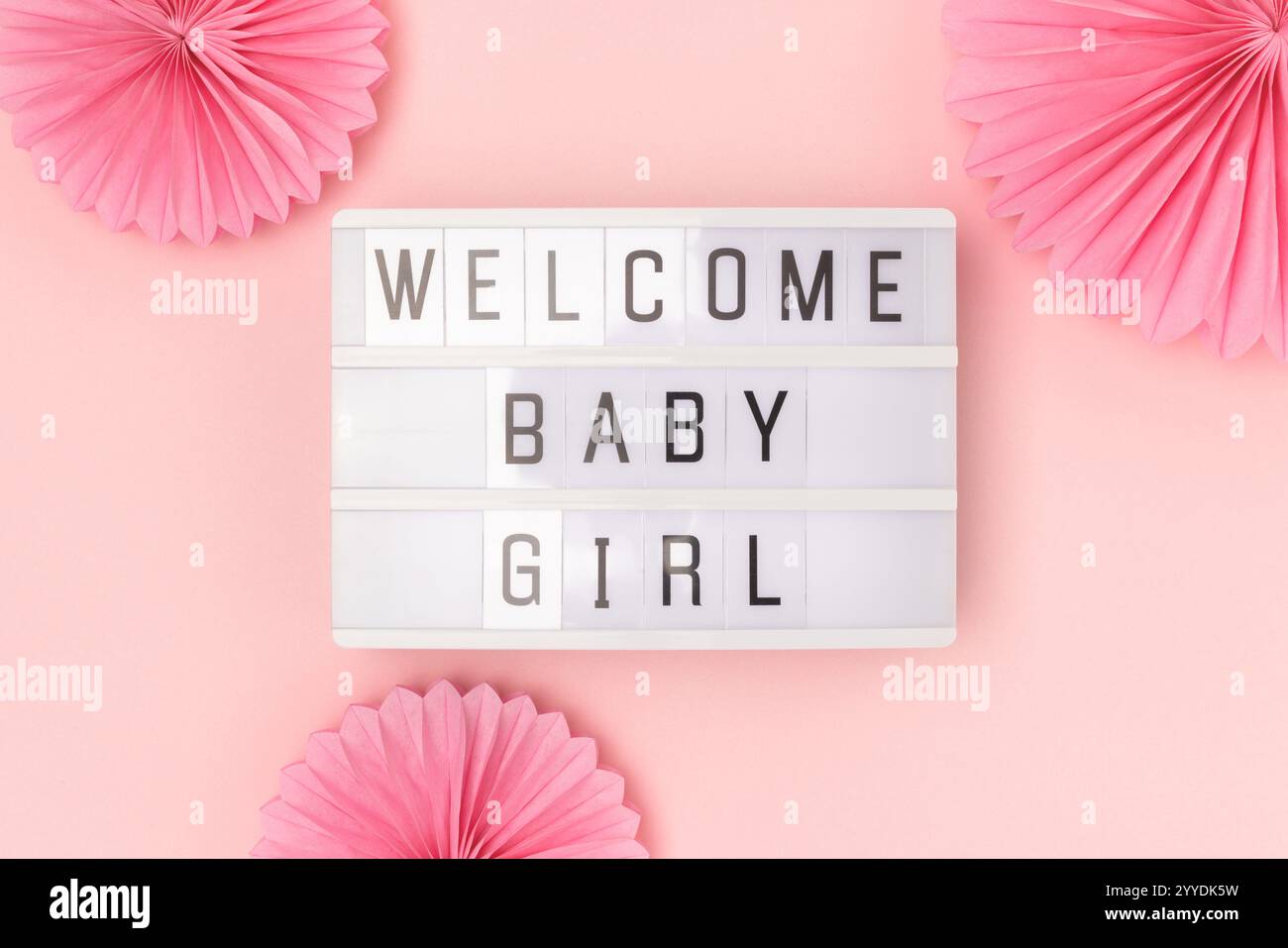 Welcome baby girl. Lightbox with letters and tissue paper fans in a ...