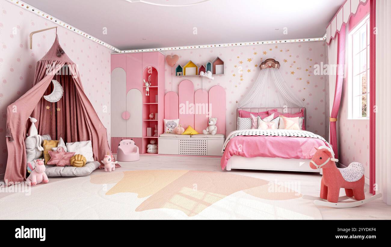 Charming Pink-Themed Girls' Bedroom Interior with Cozy Decor and ...