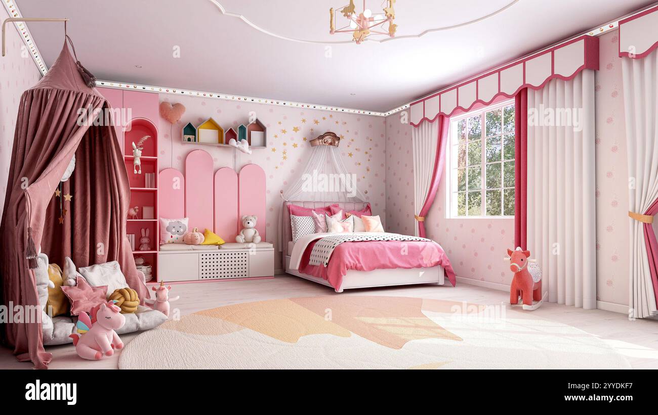 Charming Pink-Themed Girls' Bedroom Interior with Cozy Decor and ...