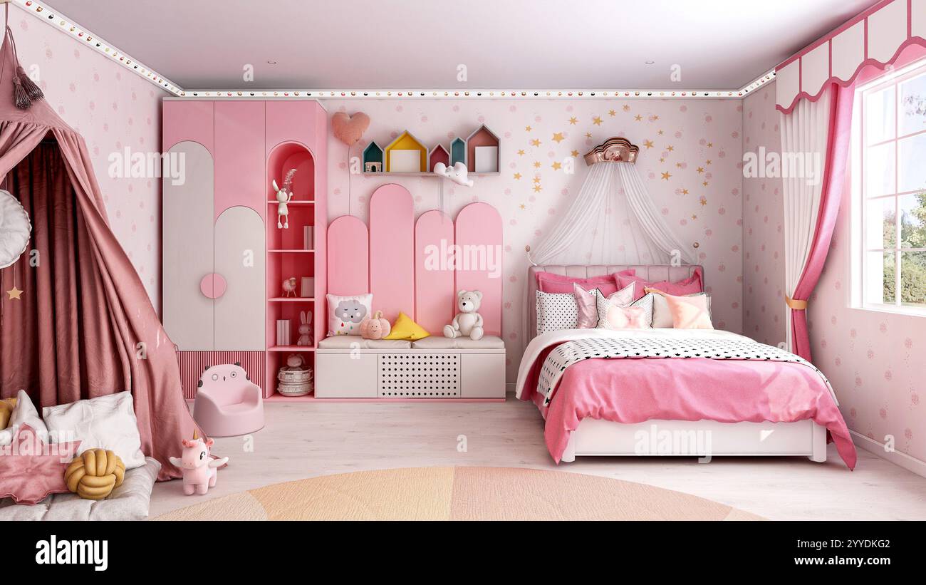 Charming Pink-Themed Girls' Bedroom Interior with Cozy Decor and ...
