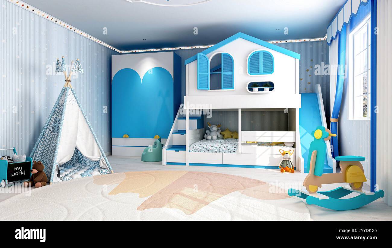 Charming Blue-Themed Boys' Bedroom Interior with Cozy Decor and Playful ...