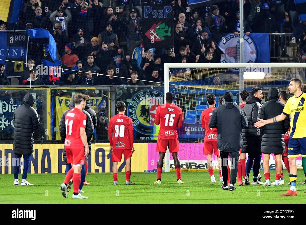 Modena, Italy. 21st Dec, 2024. Players Pisa greet fans during Modena FC ...