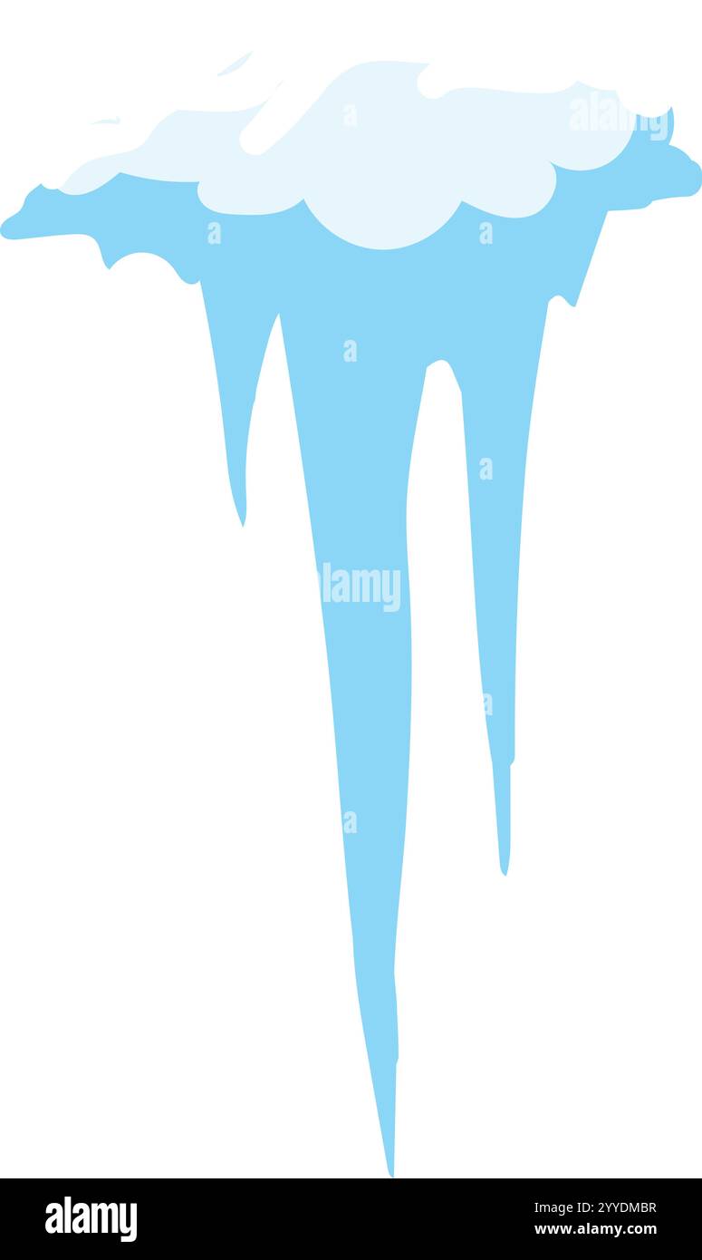 Pair of sharp icicles melting and dripping water from a layer of snow ...