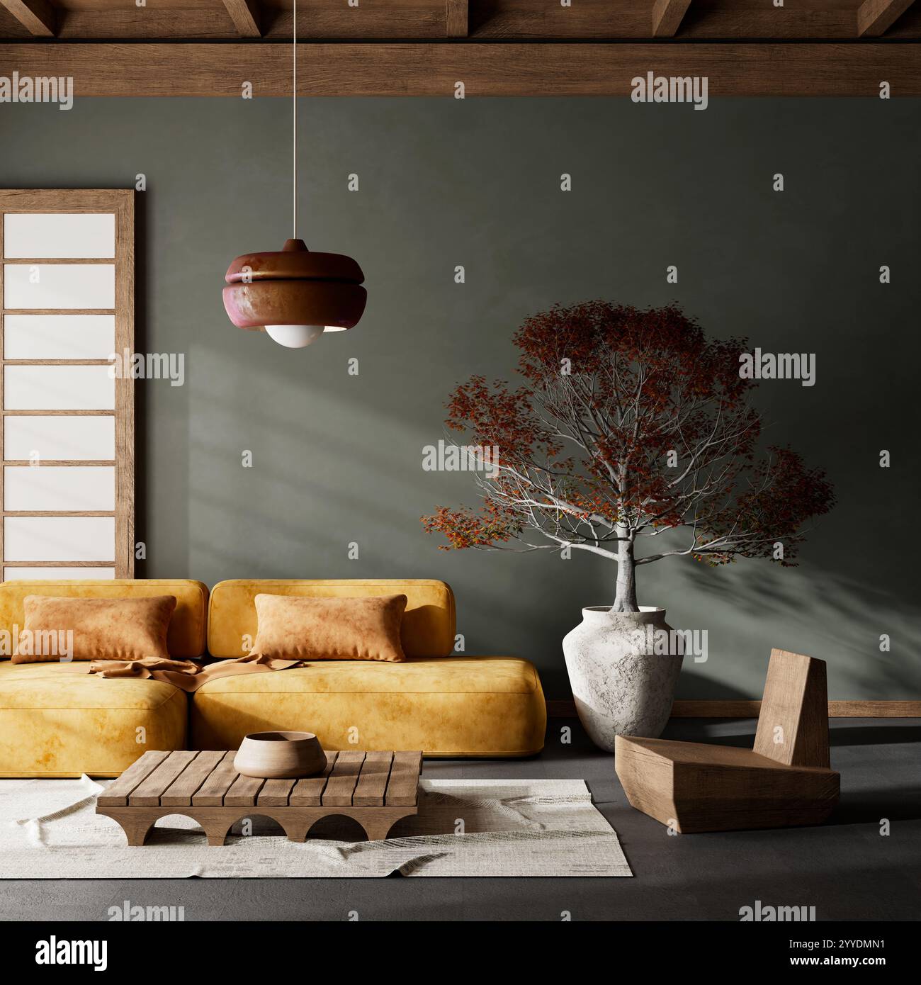 Japanese style interior design with wooden furnitures and raw materials ...