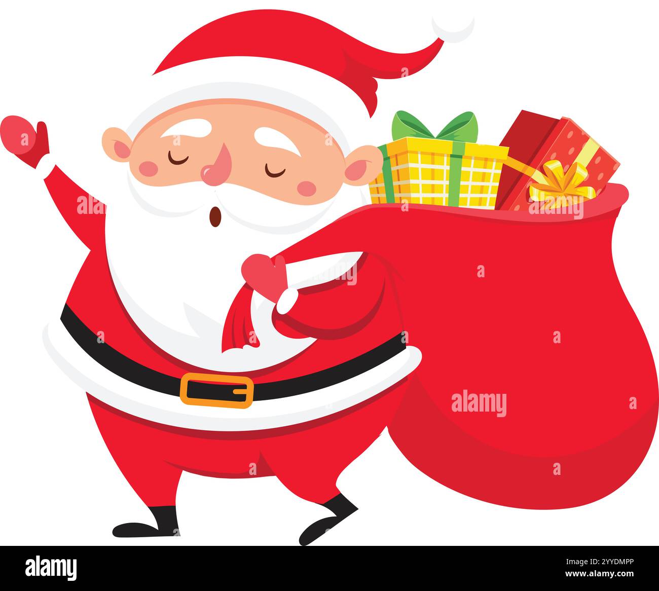 Santa Claus is depicted in a cheerful pose, waving with one hand while ...