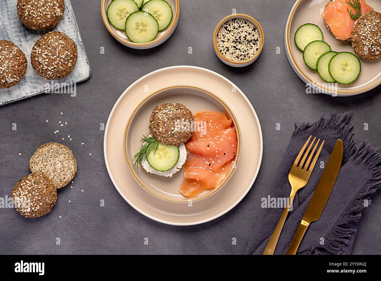 Food photography of sandwich with keto buns, low-carb bread, psyllium ...