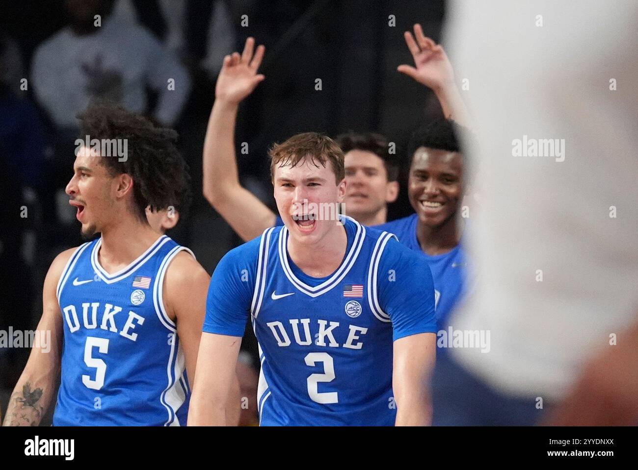 Duke guard Cooper Flagg (2) celebrates his teammates scoring during the ...