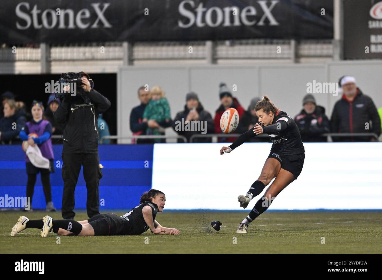 Zoe Harrison of Saracens Women kicks a conversion late in the second ...
