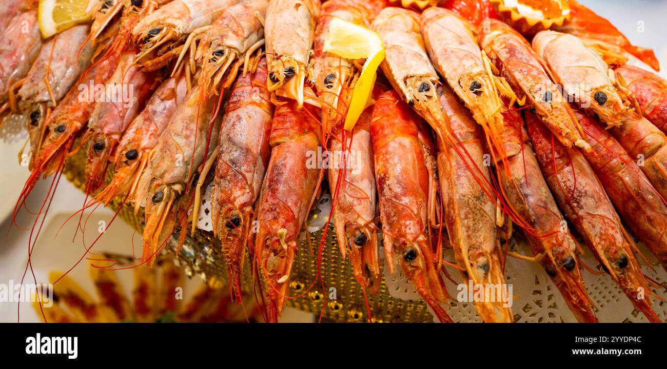 A vibrant seafood display showcases a variety of grilled shrimp layered ...