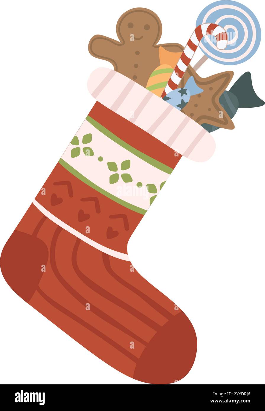 Red Christmas stocking with traditional decorations filled with candy ...
