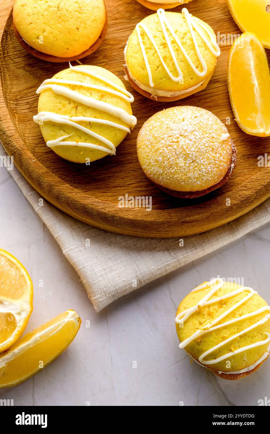 Homemade round lemon cookies. French sweet yellow cookies macarons ...