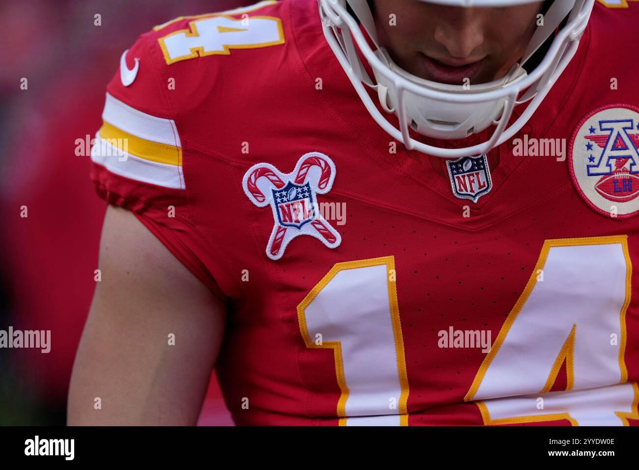 Kansas City Chiefs punter Matt Araiza wears a candy cane uniform patch ...