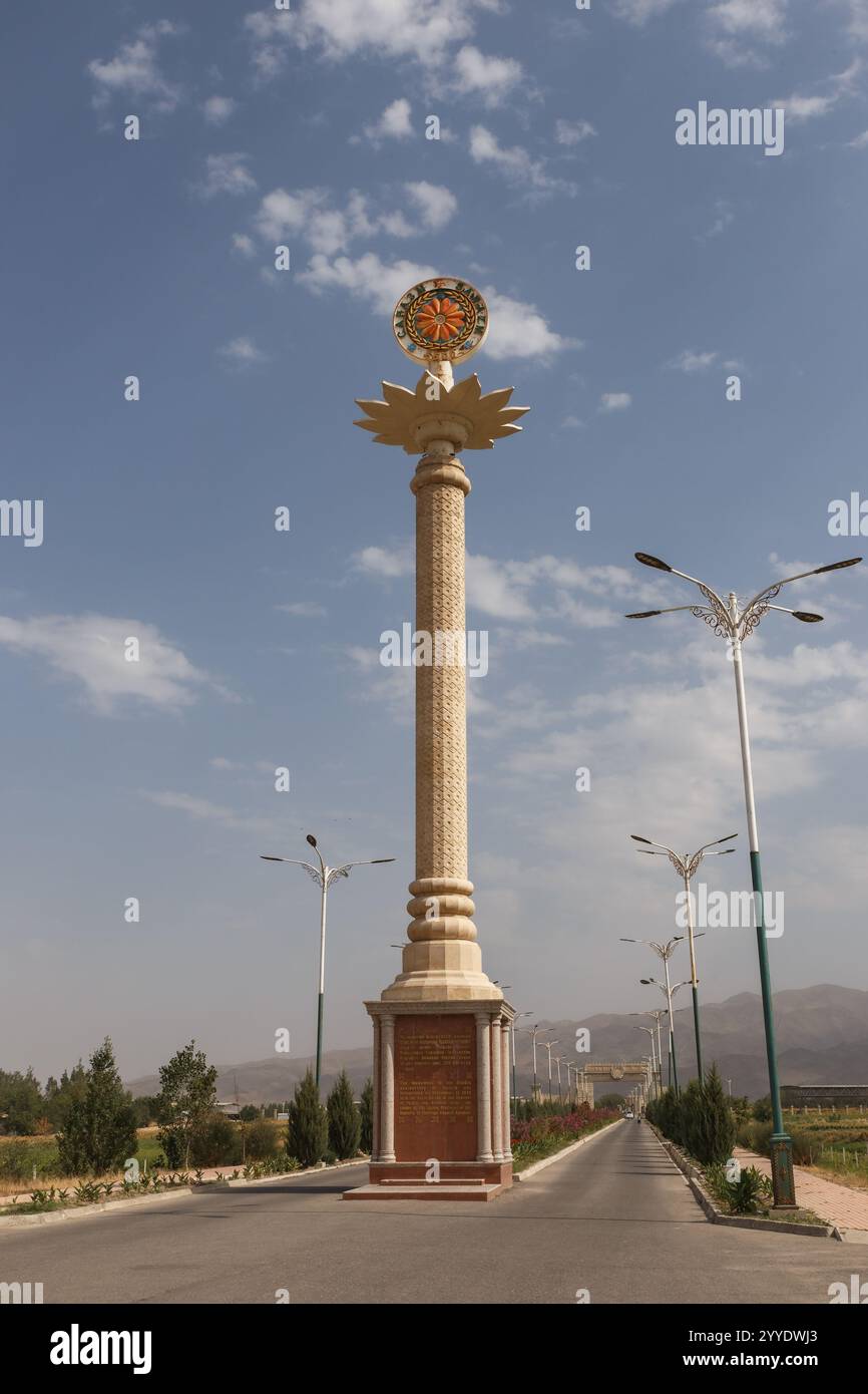 Durman, Sughd province, Tajikistan - August 16, 2024: Memorial column ...