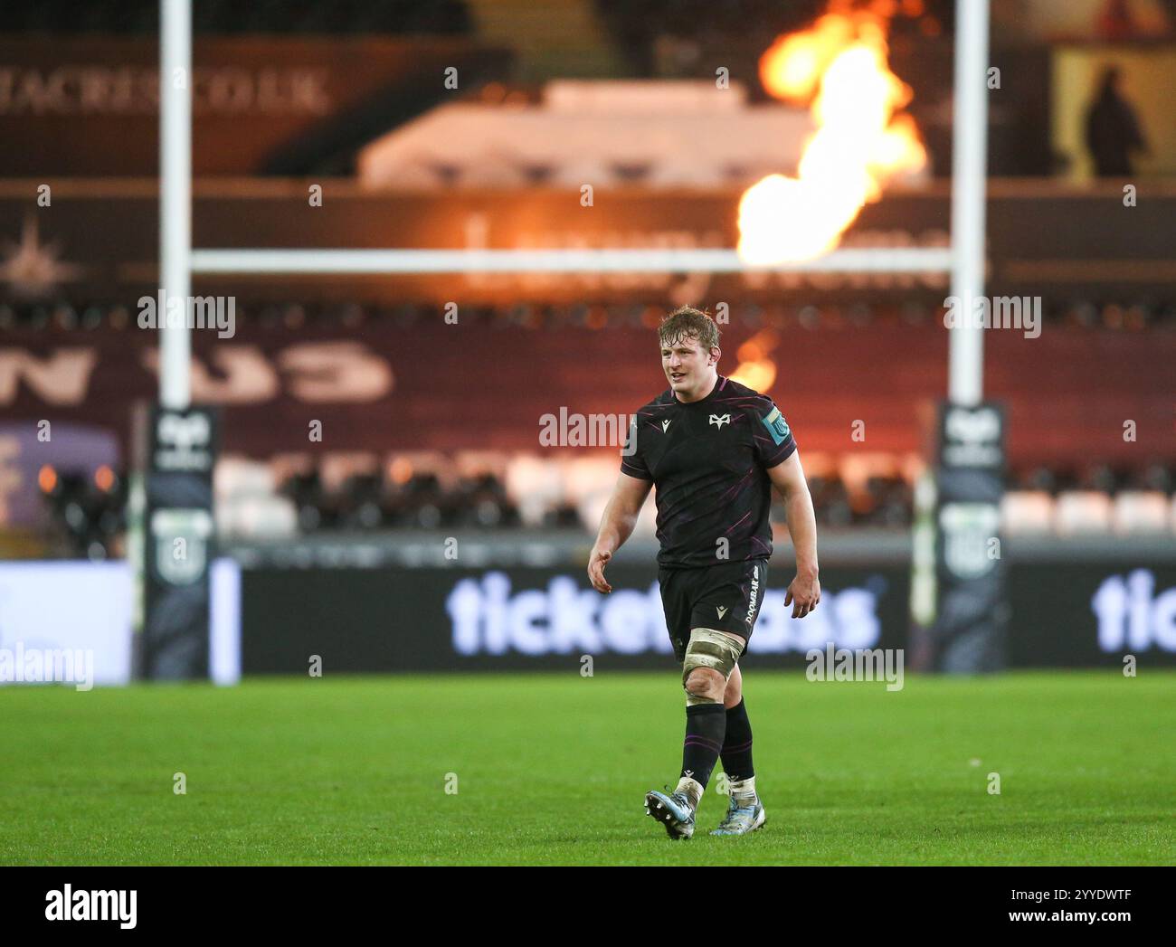Swansea, UK. 21 December, 2024. Jac Morgan of Ospreys at the end of the ...