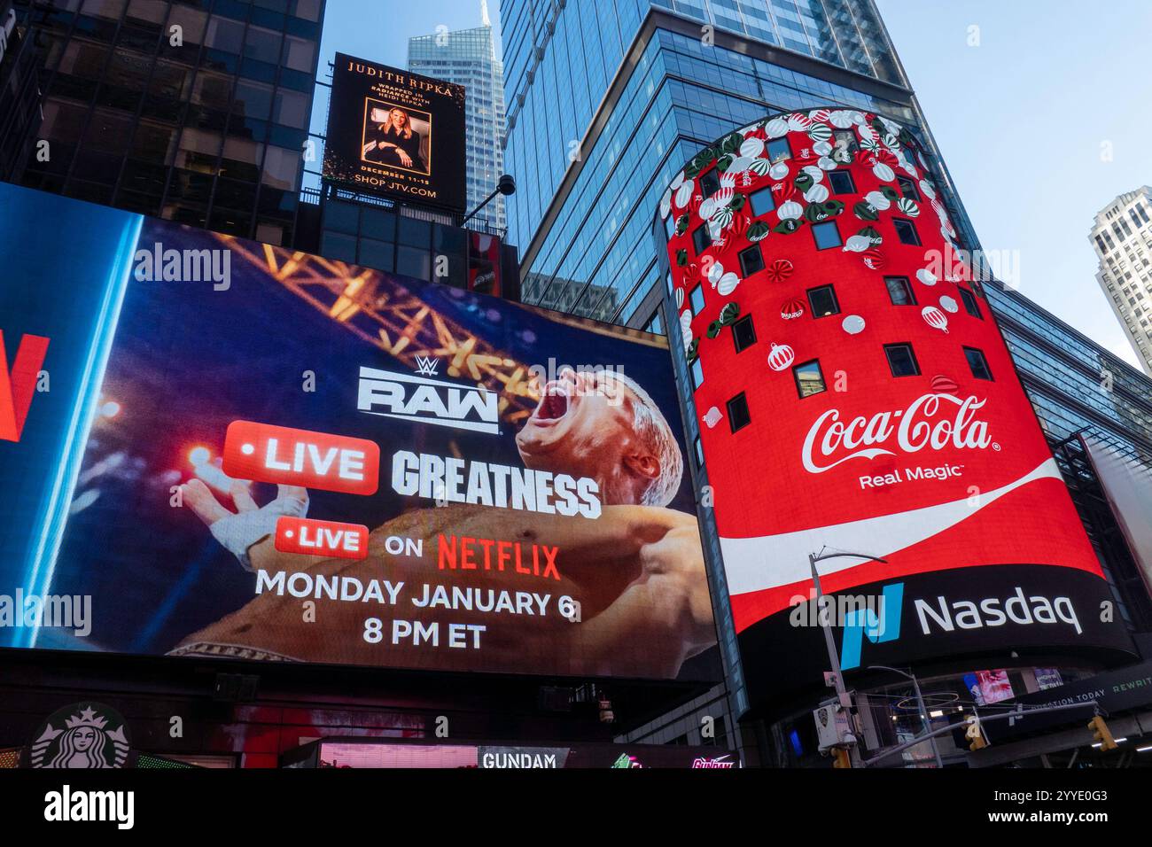 Upward View of NASDAQ Electronic Billboard in Times Square, 2024, New ...