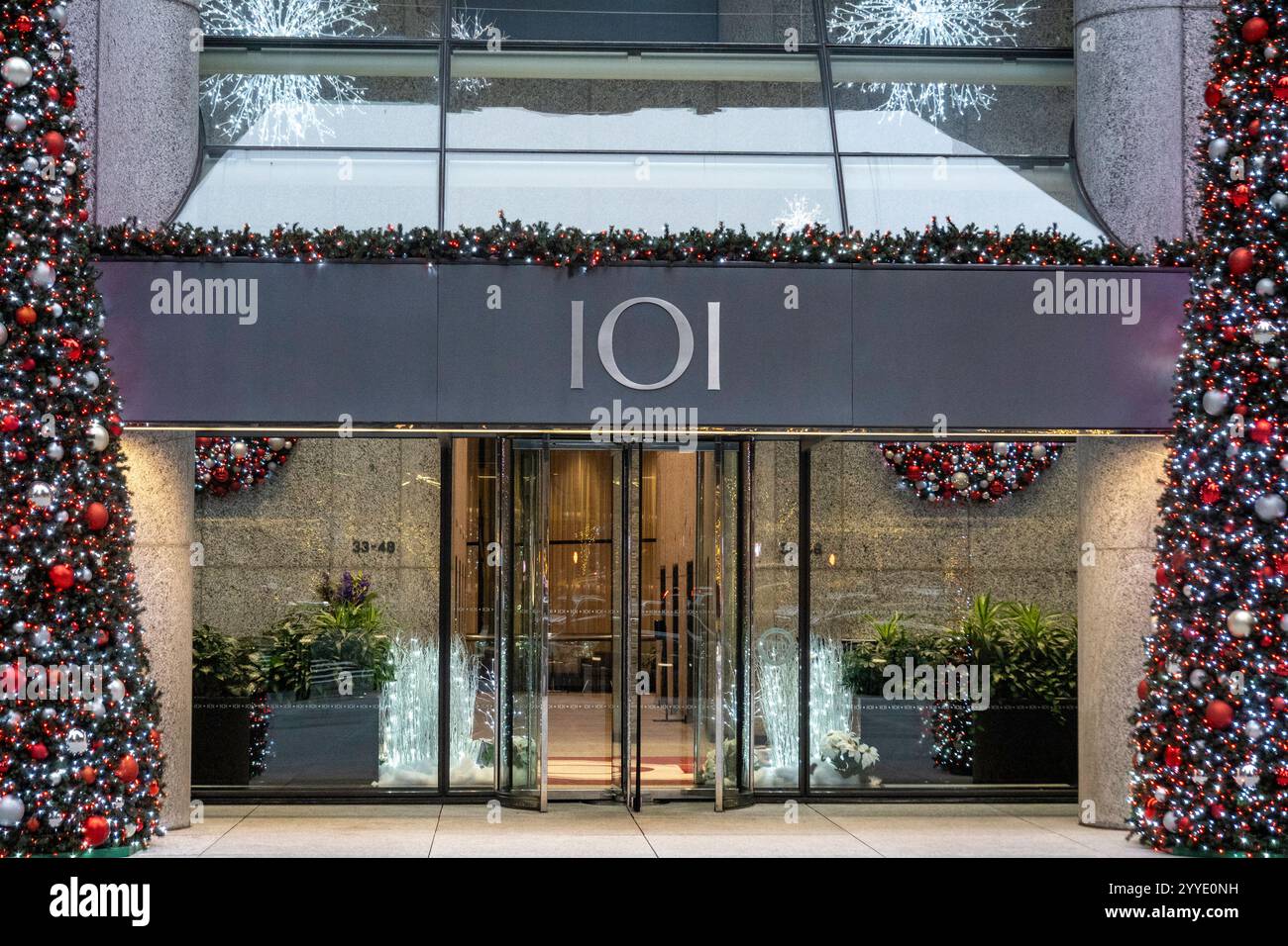 Entrance of 101 Park Avenue with Holiday Trees and Decorations, NYC ...