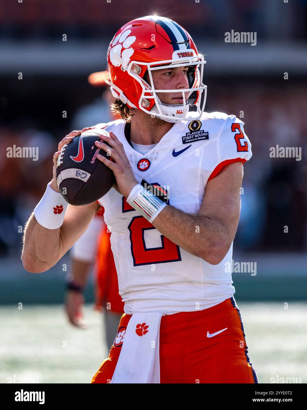 Dec 21, 2024. Cade Klubnik #2 of the Clemson Tigers during warmups before the game vs the Texas ...
