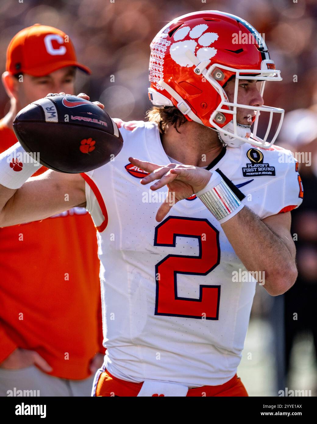 Dec 21, 2024. Cade Klubnik #2 of the Clemson Tigers during warmups before the game vs the Texas ...