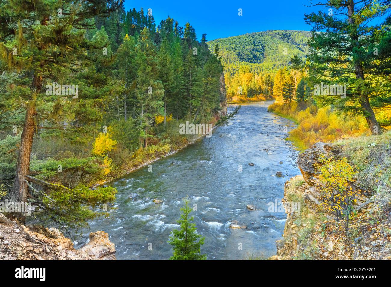 blackfoot river in fall below the garnet range near ovando, montana ...