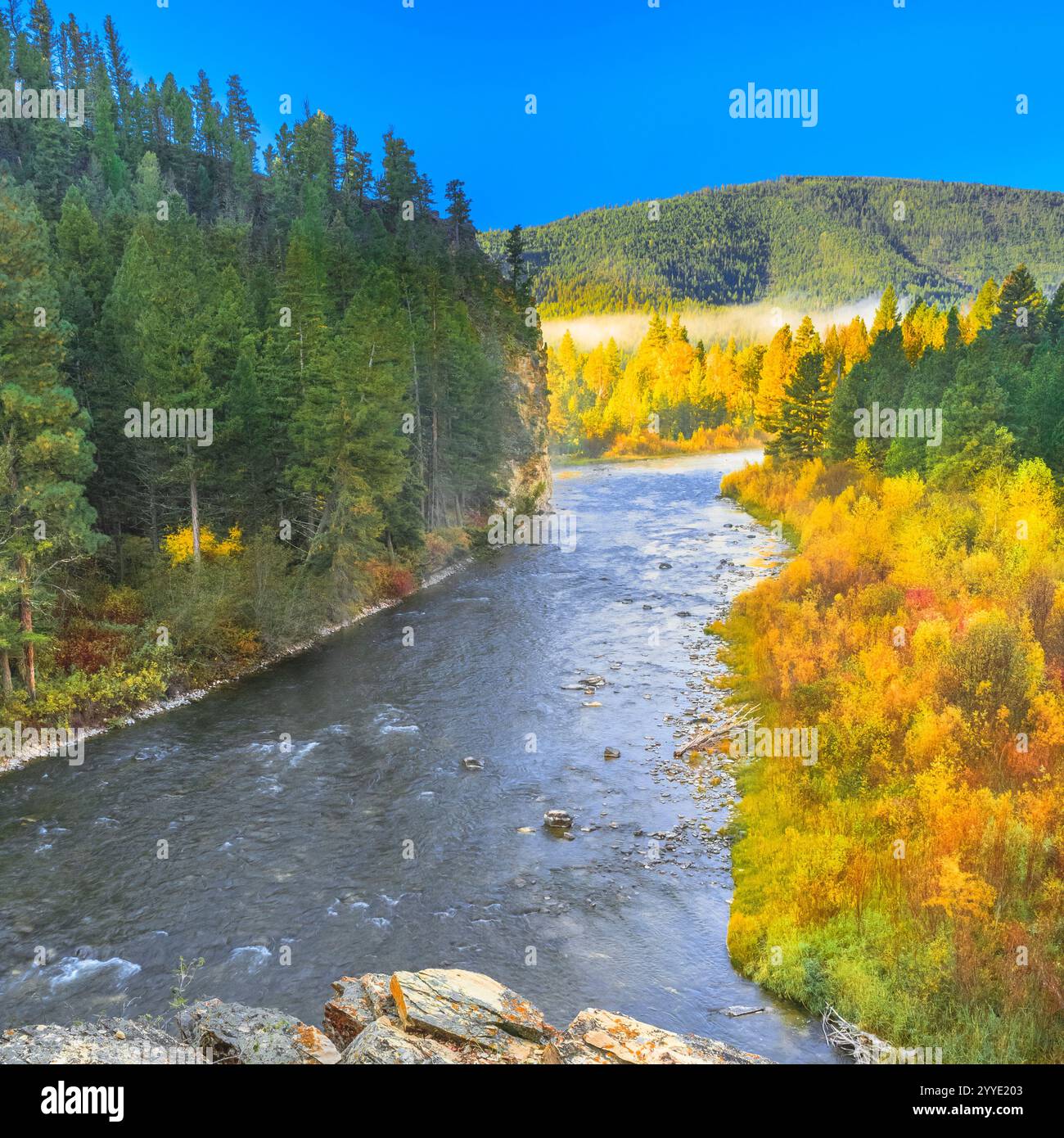 blackfoot river in fall below the garnet range near ovando, montana ...
