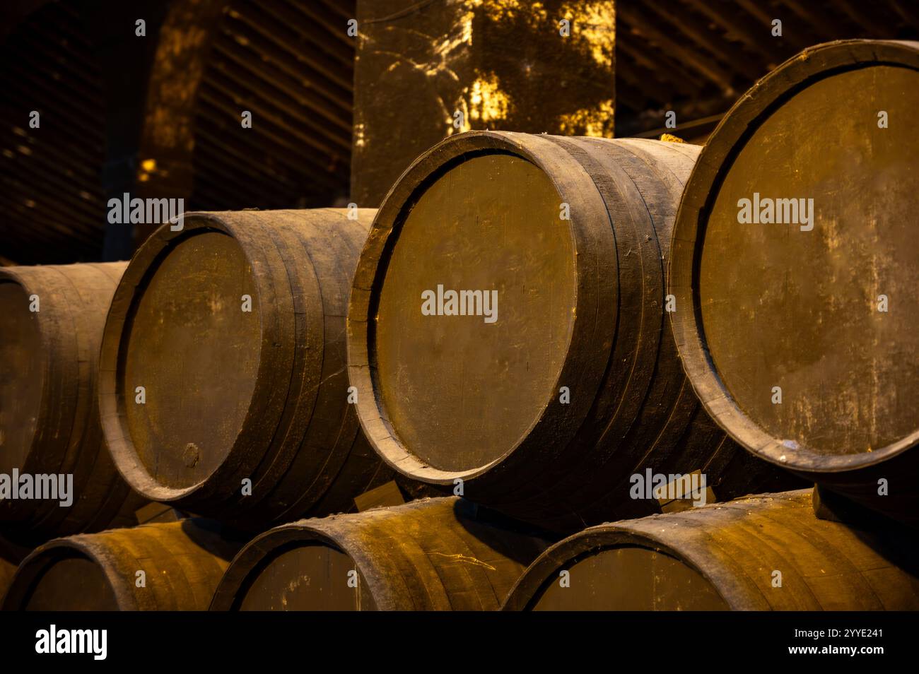 Solera system in old bodega, Andalusian wine cellar, process for aging ...