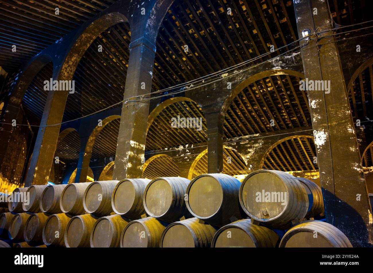 Solera system in old bodega, Andalusian wine cellar, process for aging ...