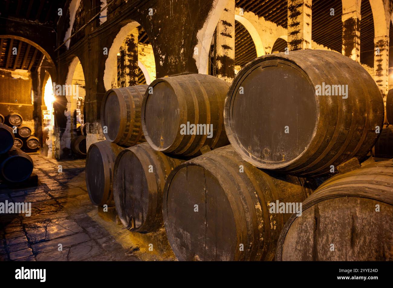 Solera system in old bodega, Andalusian wine cellar, process for aging ...