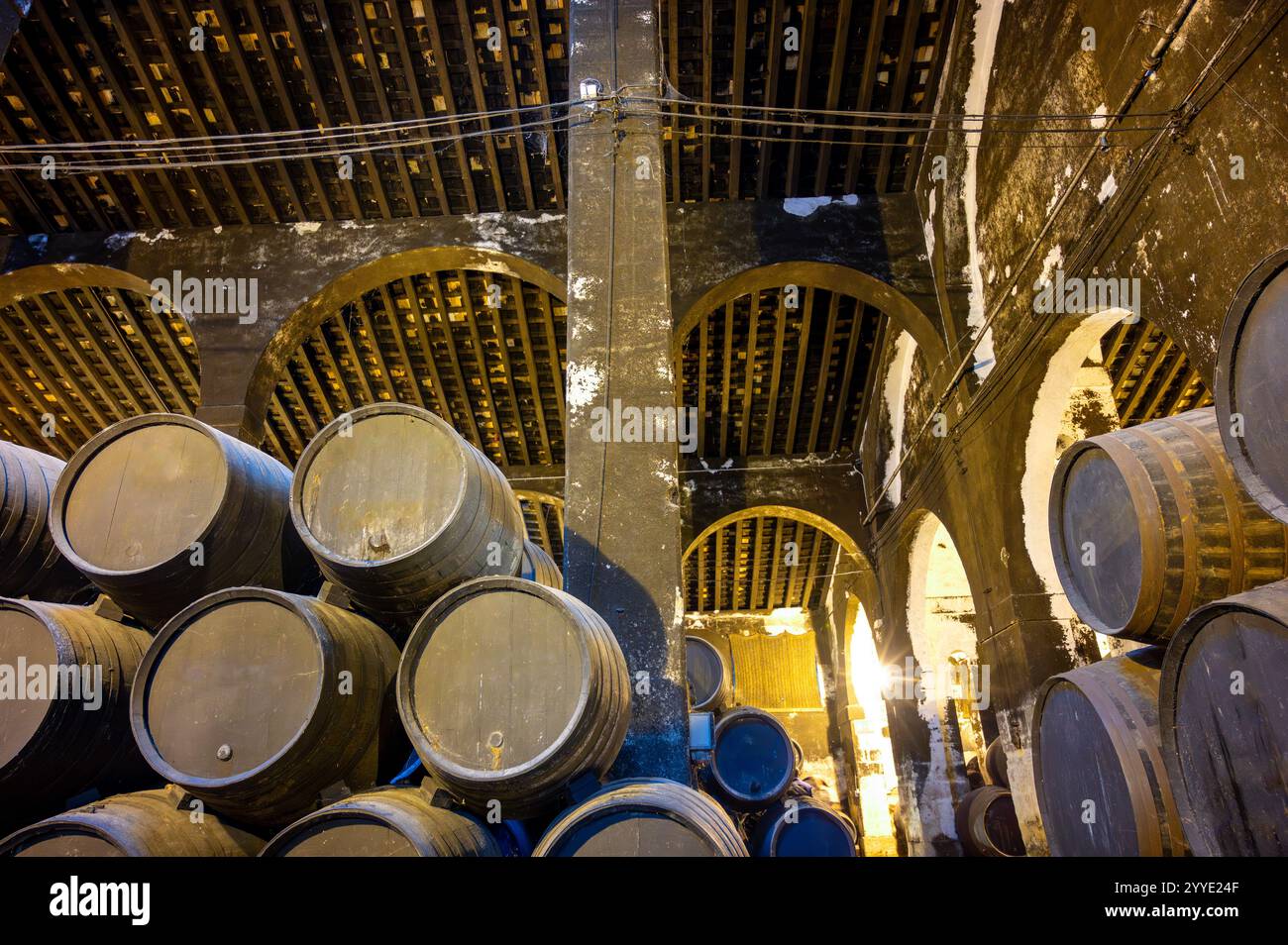 Solera system in old bodega, Andalusian wine cellar, process for aging ...
