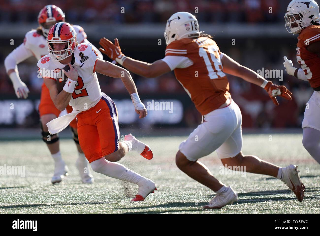Clemson quarterback Cade Klubnik (2) runs from Texas linebacker Liona ...