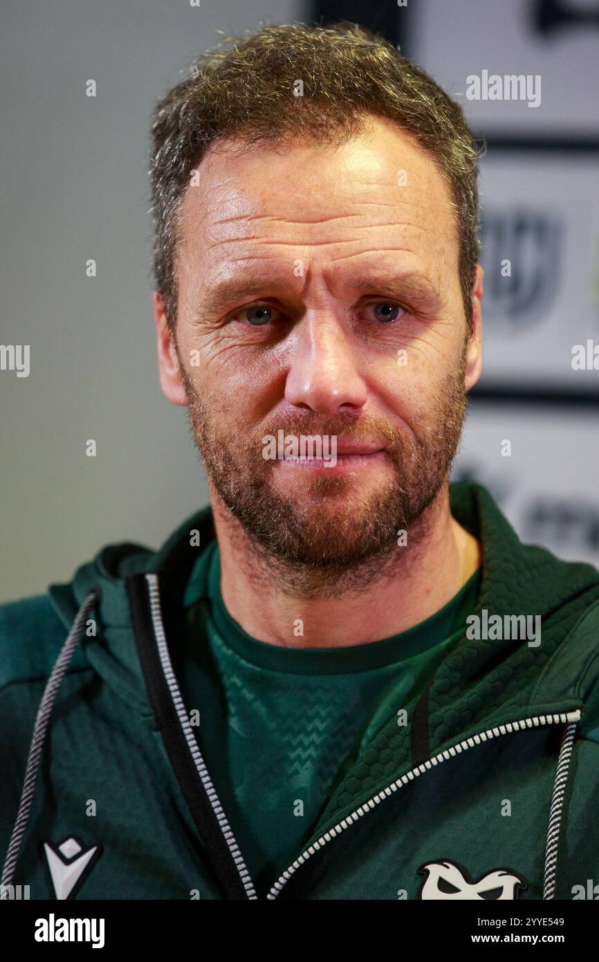 Swansea, UK. 21 December, 2024. Ospreys head coach Mark Jones during a ...