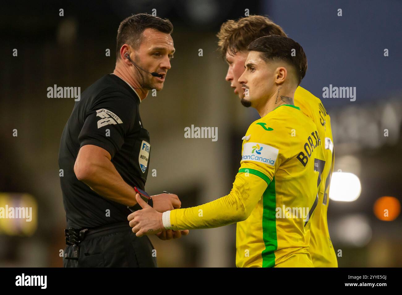 Referee Andrew Madley interacts with Borja Sainz of Norwich City during ...