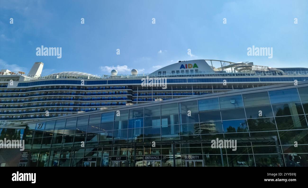 Kiel, Germany - 05. December 2024: View of the large cruise ship Aida ...