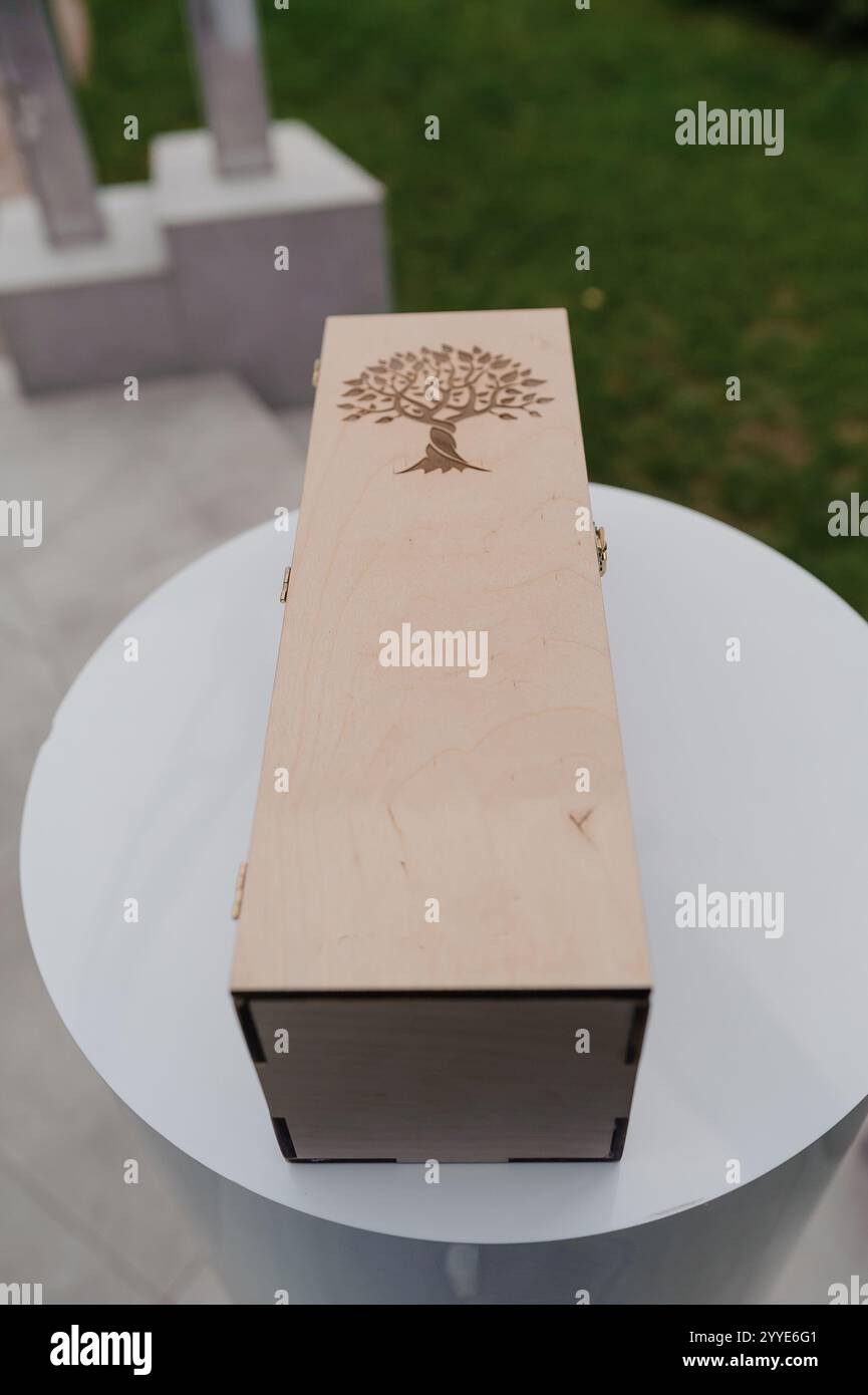 Elegant Wooden Box with Tree of Life Design on a Display Stand Stock ...